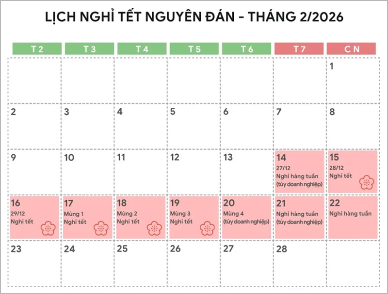 Lịch nghỉ Tết Bính Ngọ 2026 của cán bộ, công chức